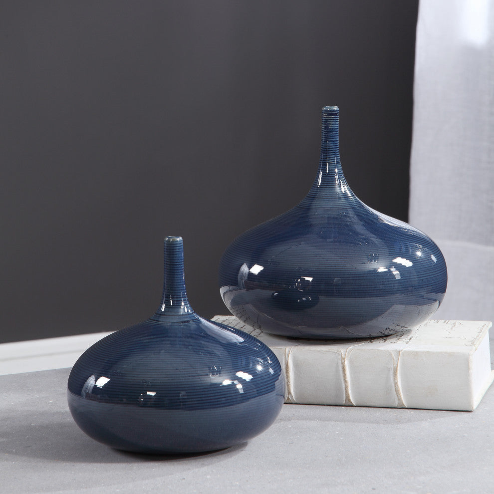 Elegant Dark Blue Tear Drop Shape Vase 2-Piece Set, Ribbed Curved Bott