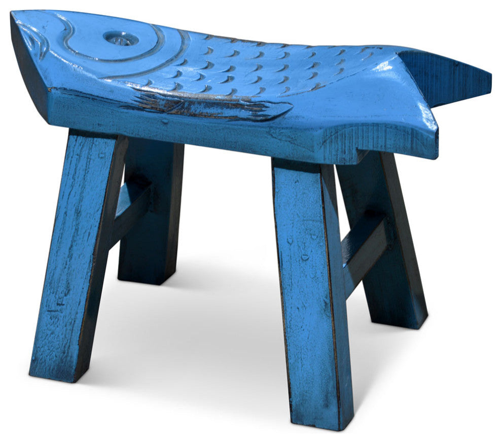 Hand Carved Distressed Blue Wooden Carp Asian Stool