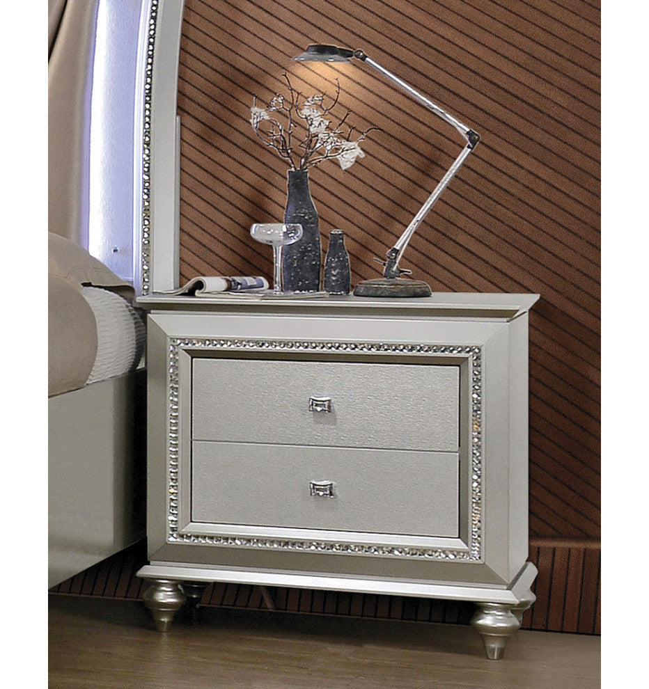 Wood Nightstand With Crystal-like Sparkling Trim, Champagne