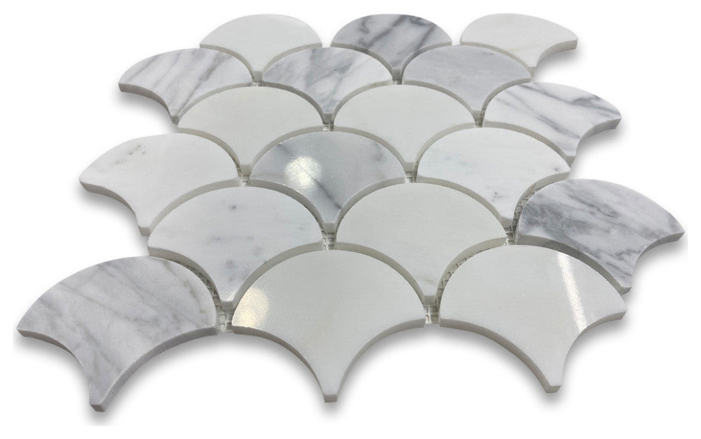 Fish Scale Statuary Statuario White Marble Fan Mosaic Tile Polished, 1
