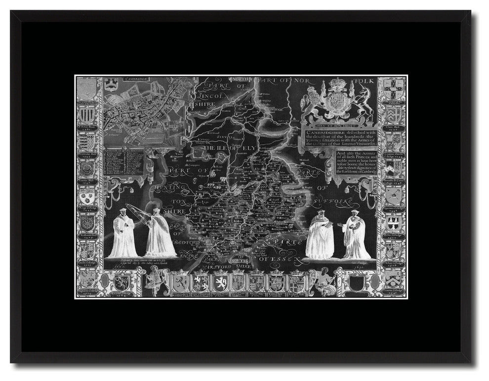 Cambridge Shire Monochrome Map Print On Canvas, Black Custom Frame, 16