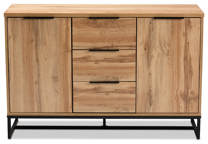 Reid Modern Industrial Oak Wood and Black Metal 3-Drawer Sideboard Buf