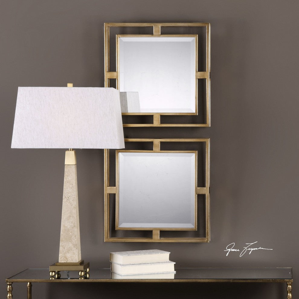 Midcentury Golde Open Square Mirrors, Set of 2