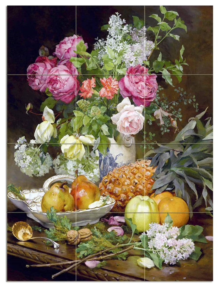 Tile Mural STILL LIFE WITH FLOWERSPINEAPPLE Backsplash Four Inch Marbl