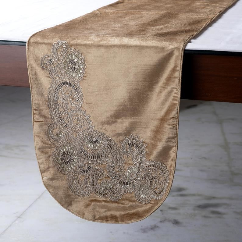 Velvet Table Runner Gold Fabric with Bead Embroidery 16