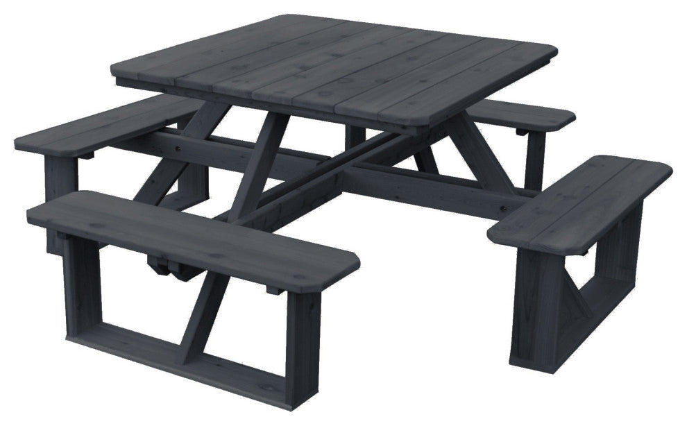 Cedar Square Picnic Table with Attached Benches, Charcoal Stain