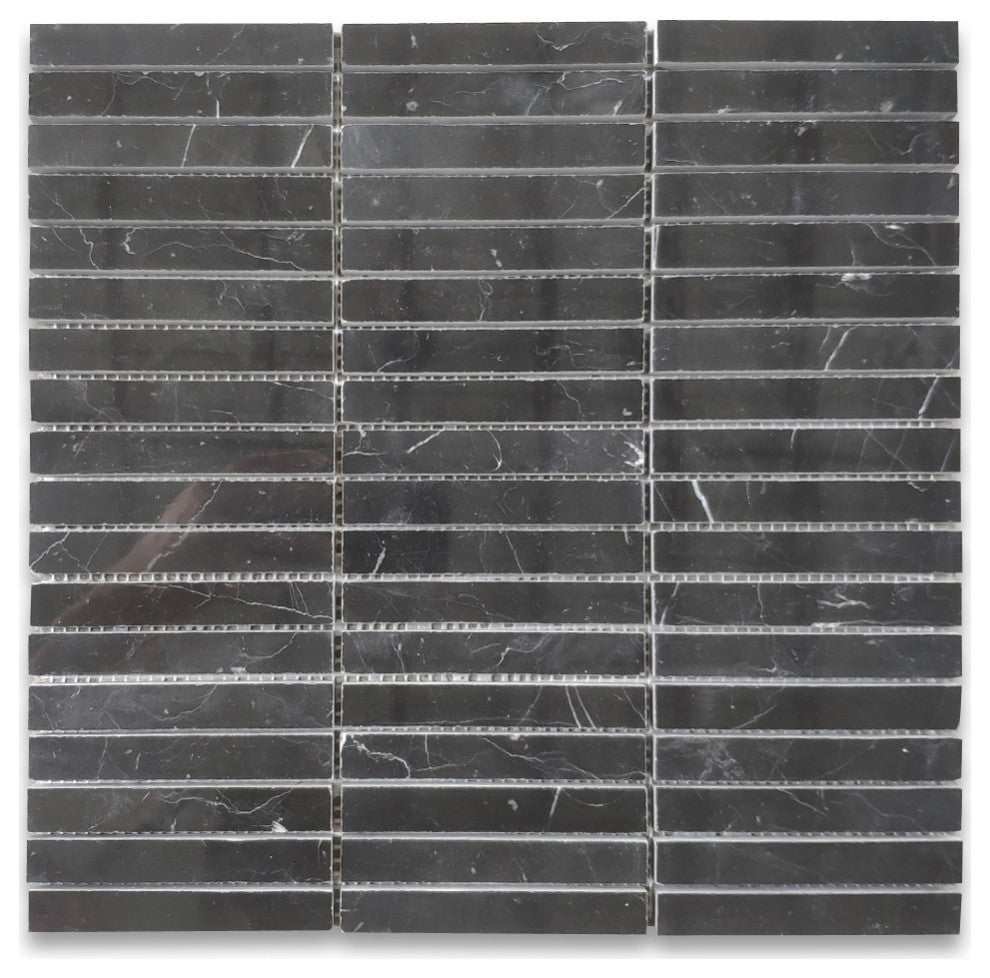 Nero Marquina Black Marble Rectangular Stacked Mosaic Tile Polished, 1