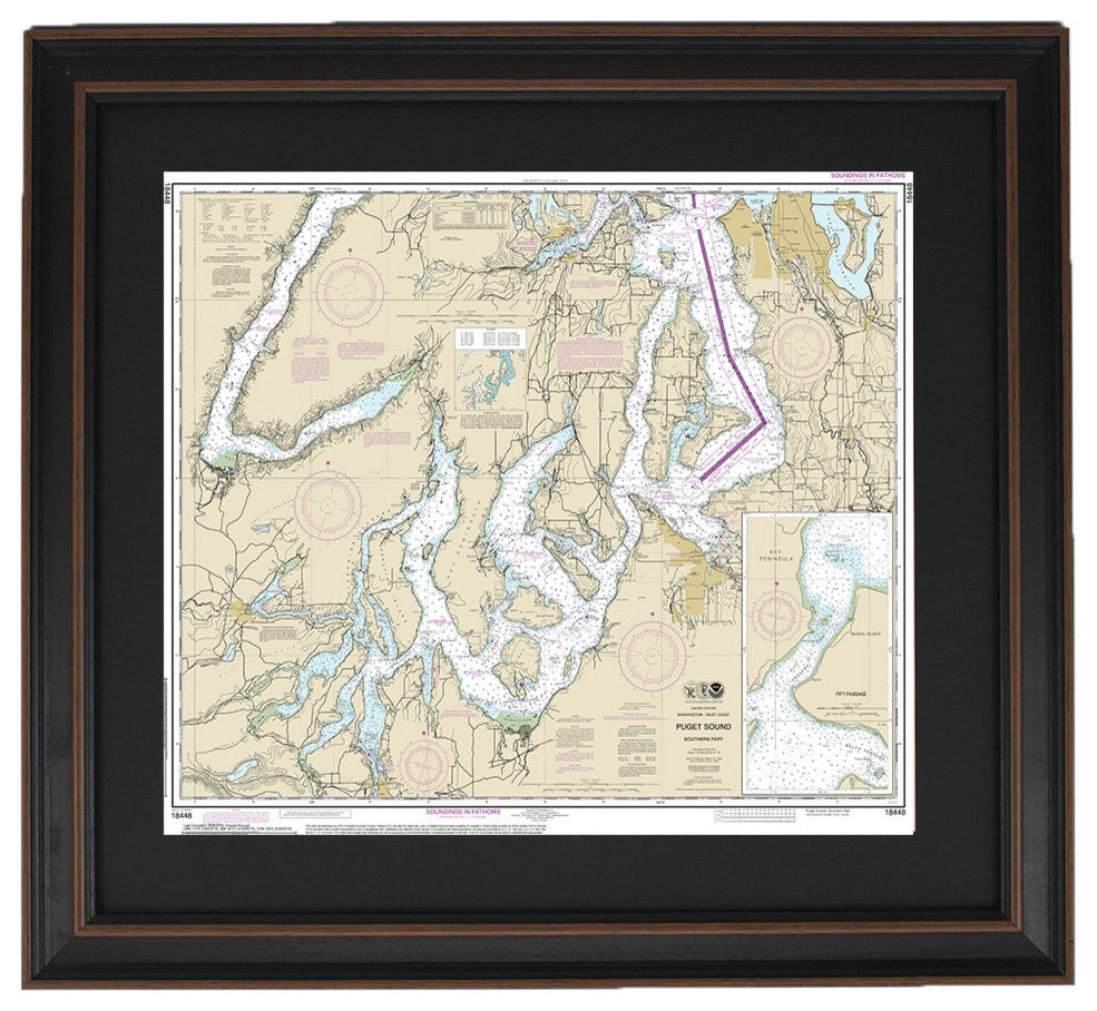 Poster Size Framed Nautical Chart; Southern Puget Sound