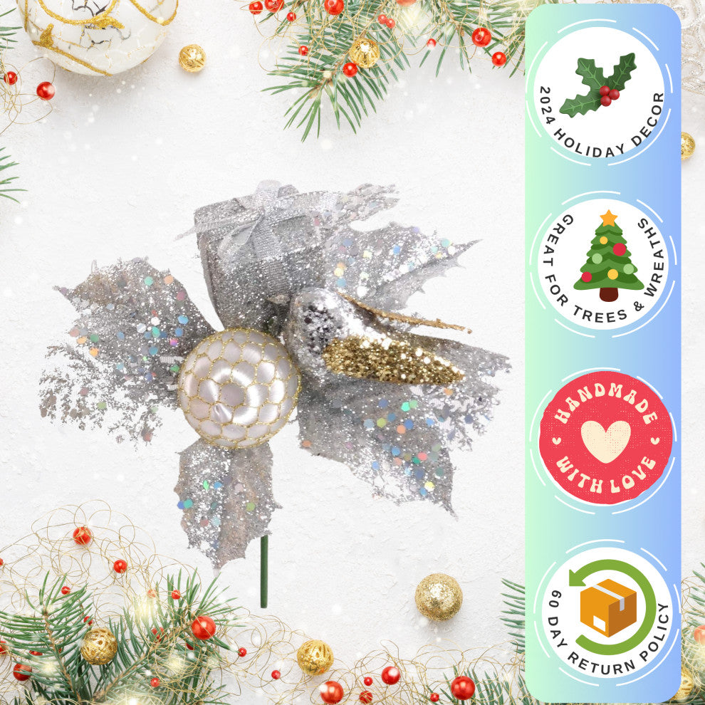 Glitter Bird Pick With Ball and Gift Box Silver