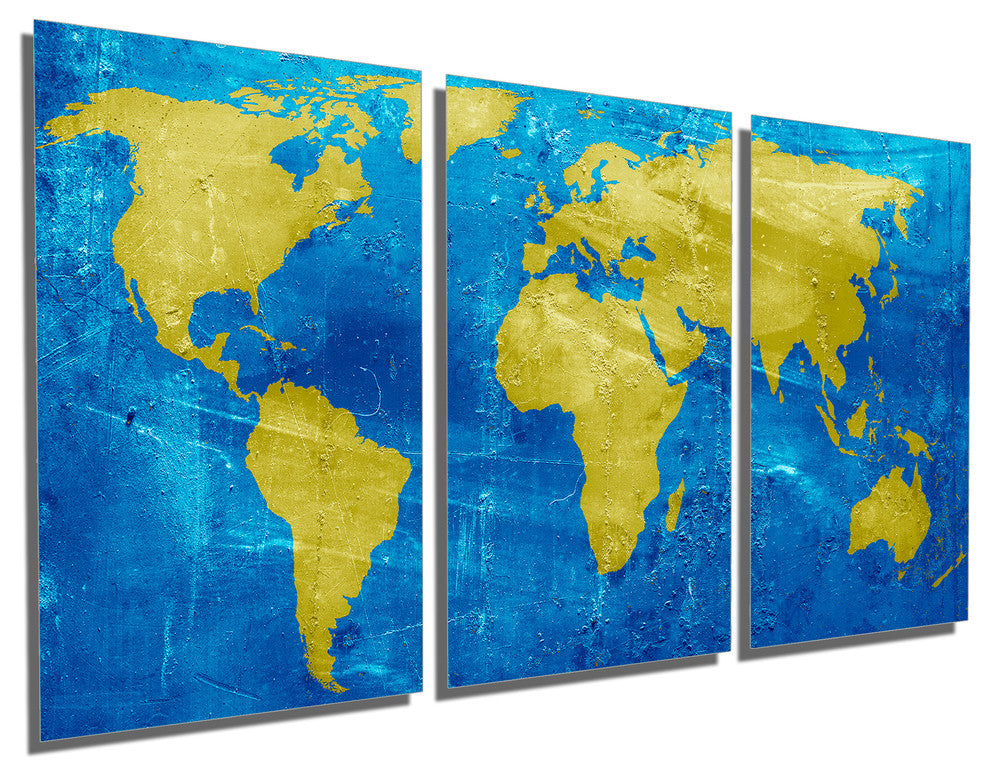 Blue And Yellow World Map Metal Print 3 Panel Split, Triptych Wall Art