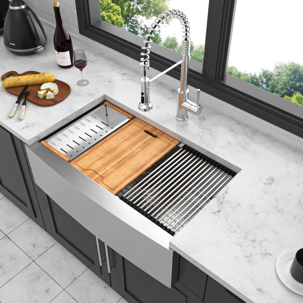 30 in Farmhous Apron Workstation Single Bowl Stainless Steel Kitchen S