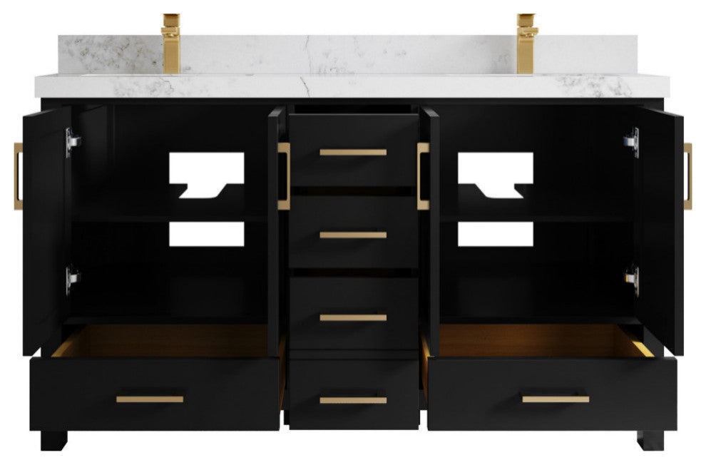 Malibu 60 Double Sink Bathroom Vanity in Black 2" Calacatta Nuvo
