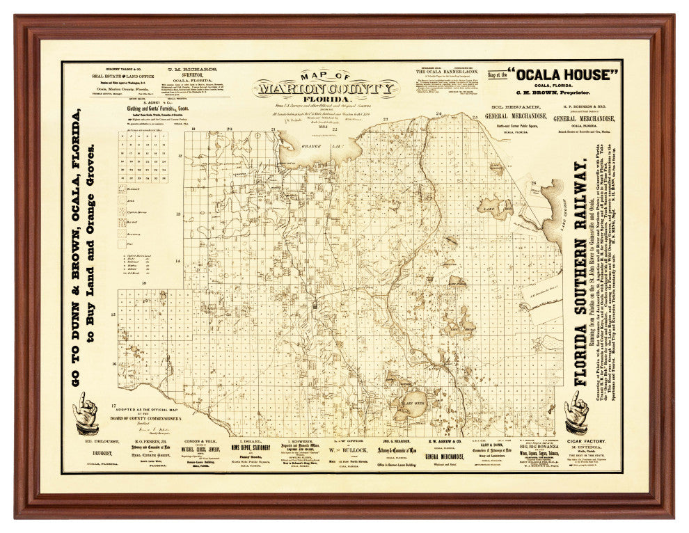 Marion County Map Framed Art 1883, Vintage Florida Wall Decor, Brown,