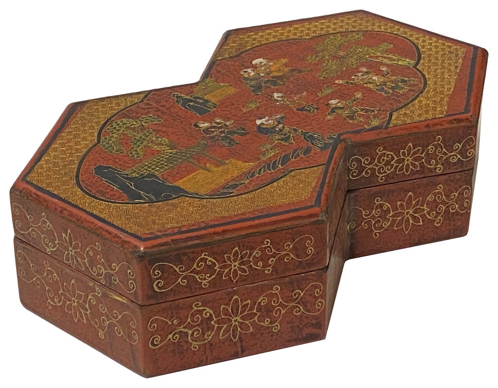 Chinese Distressed Brown People Graphic Rectangular Decagon Shape Box