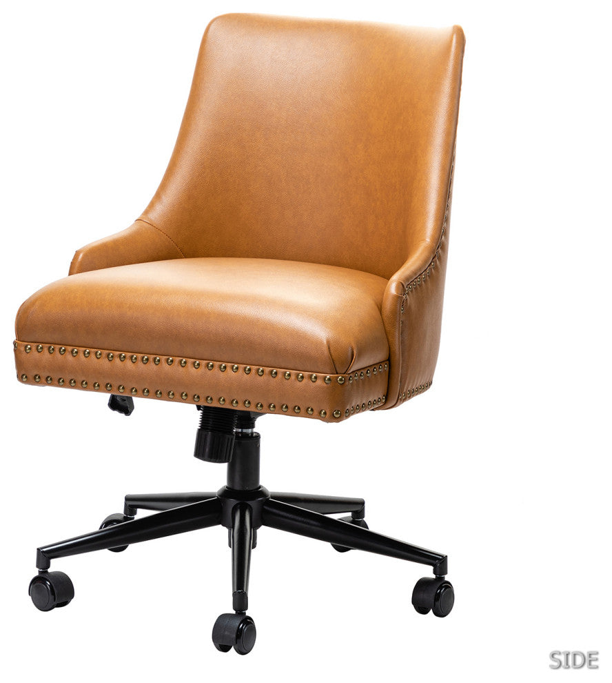 Upholstered Swivel Task Chair With Nailhead Trim, Camel