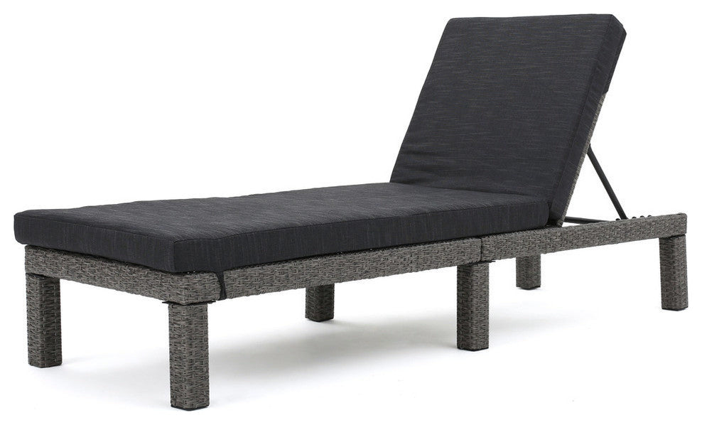 GDF Studio Venice Outdoor Black Wicker Chaise Lounge, Dark Gray Cushio