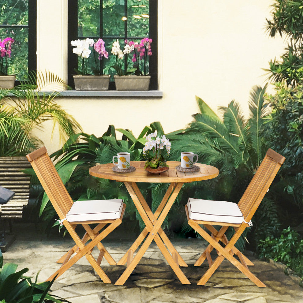 3-Piece Teak Wood Valencia Patio Dining Set, 36" Round Folding Table a