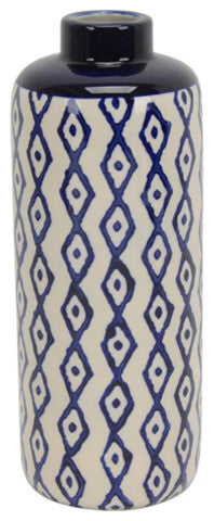 Elegant Ceramic Diamond Pattern Vase, Blue And White