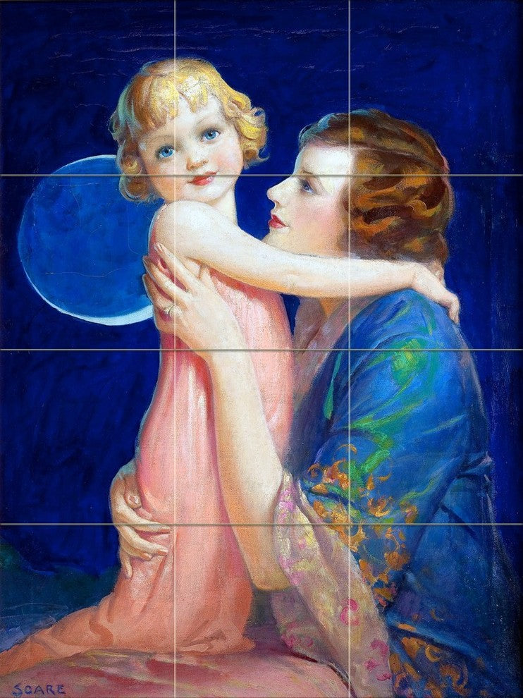 Tile Mural Night Moon Child Woman Mother, Marble
