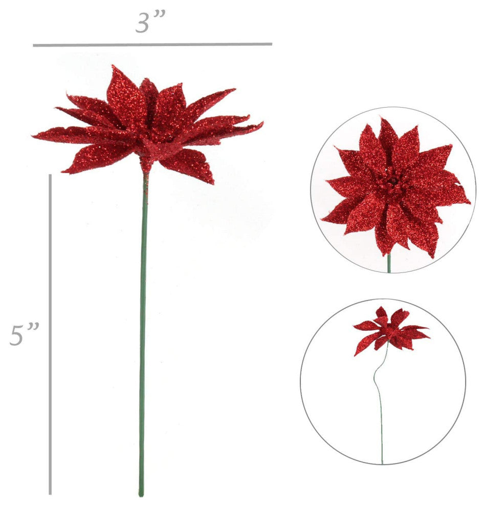 Red Glitter Poinsettia Flower Pick, Artificial Wreath and Christmas Tr