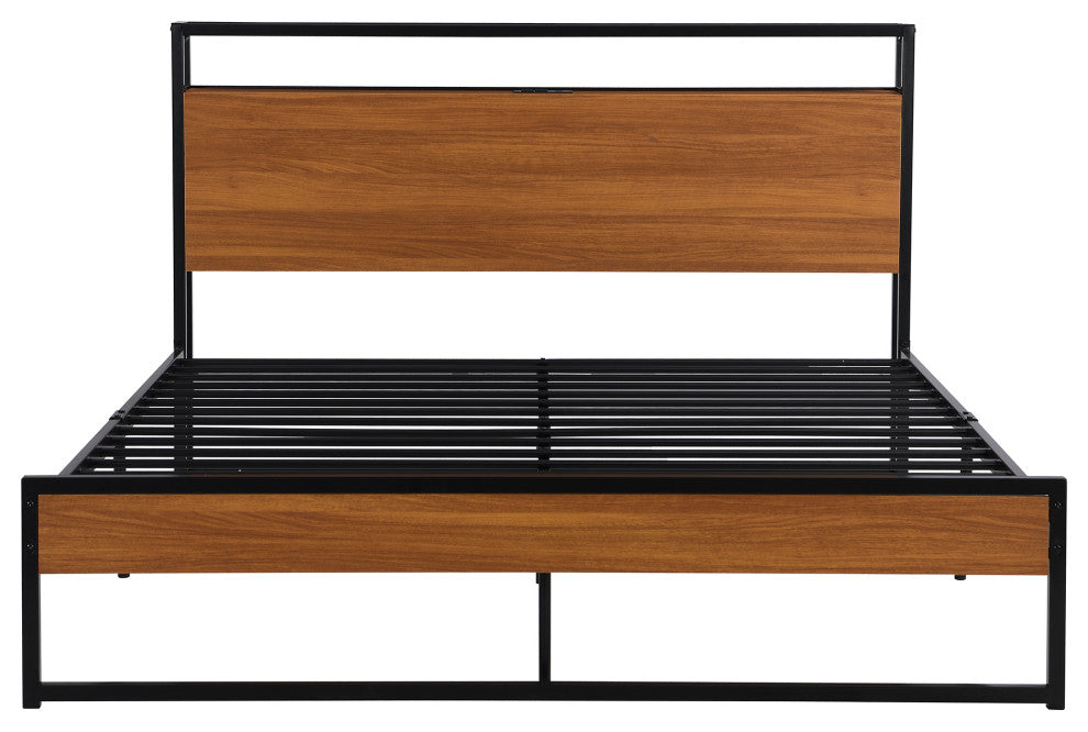 Queen Size Metal Platform Bed Frame With Sockets, Usb Ports and Slat S