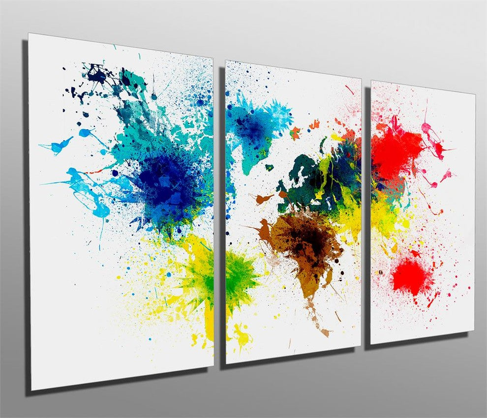 Color Splash World Map, Metal Print Wall Art, 3 Panel Split, Triptych,
