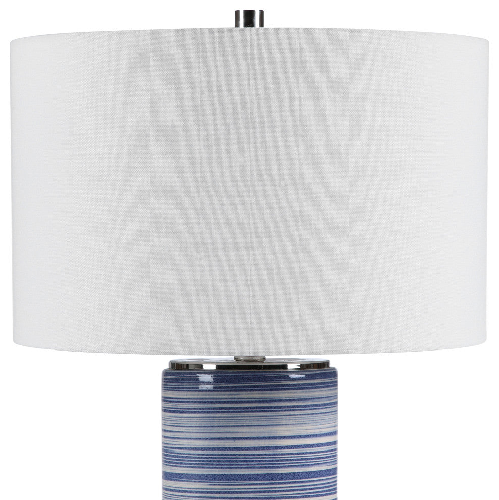 Elegant Indigo White Striped Table Lamp Denim Blue Coastal Cylinder