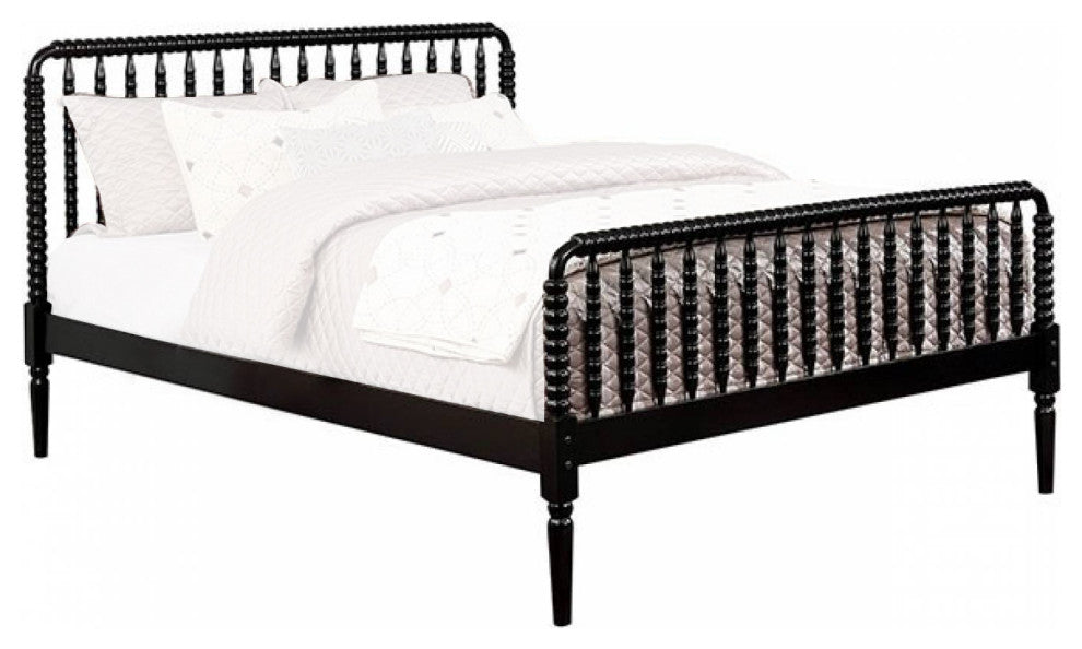 Wooden Full Size Bed with Spool Design Bed Frame and Turned Legs, Blac