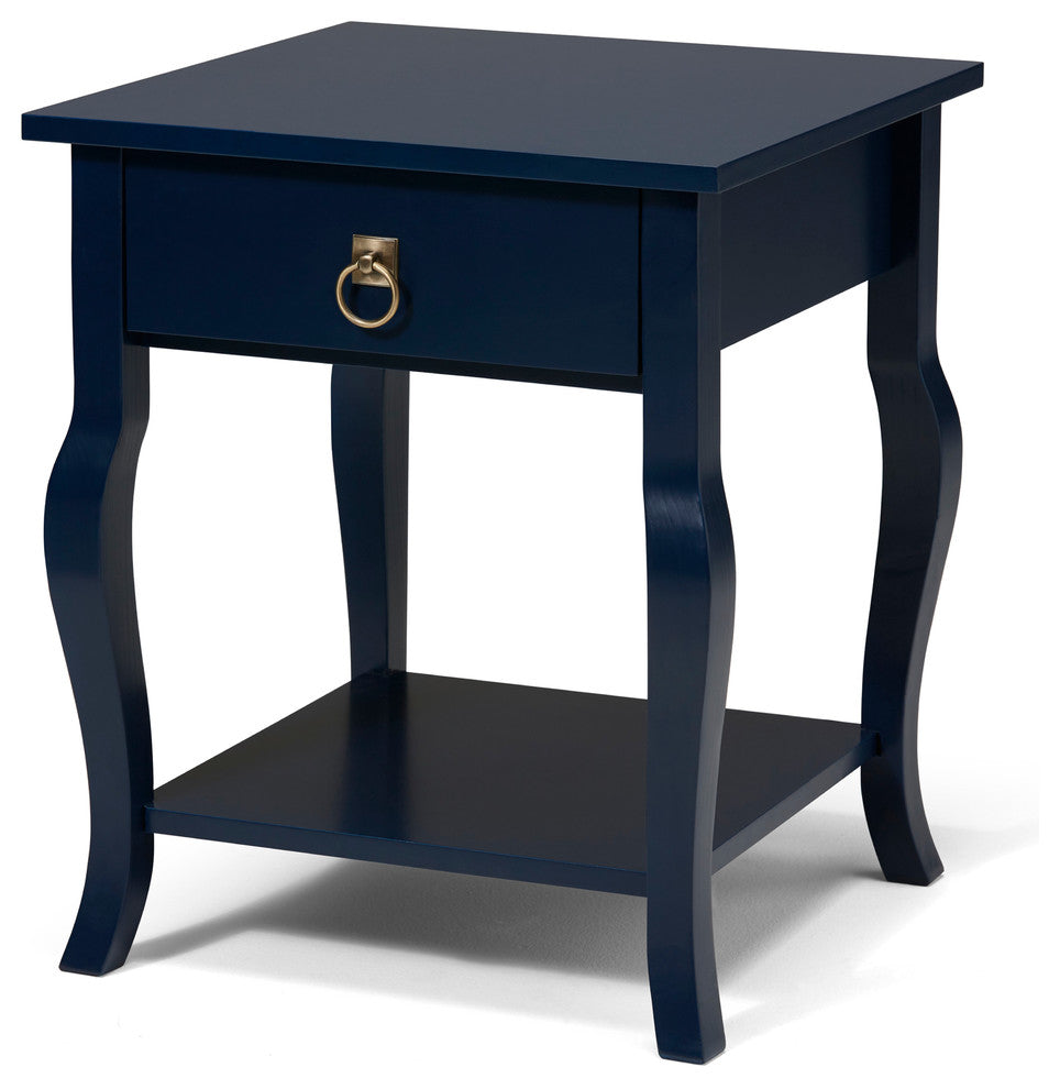 Lillian Wood Side Table With Curved Legs, Drawer and Shelf, Navy Blue