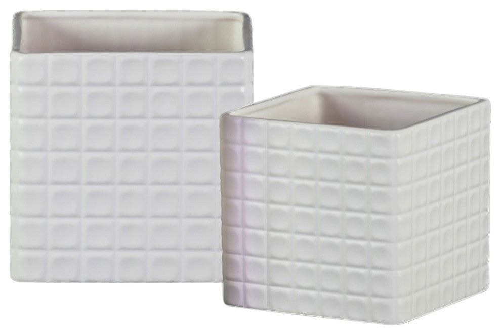 Square Shaped Ceramic Pot with Embossed Lattice Square Design, White,