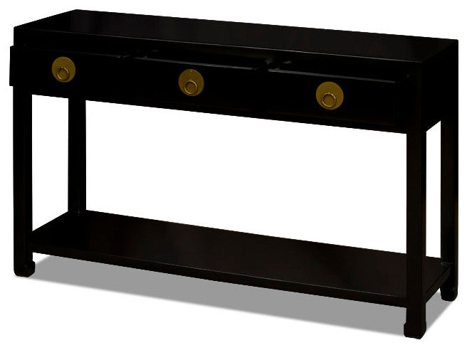 Matte Black Elmwood Chinese Ming Console Table with 3 Drawers and Shel