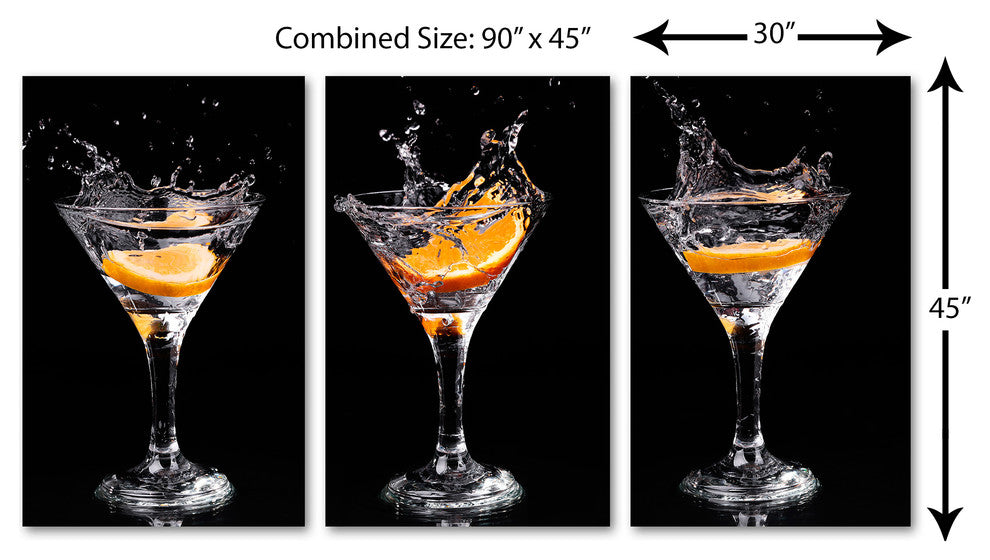 Martini Drinks and Orange Canvas Print Wall Art, 3 Panel Split, Tripty