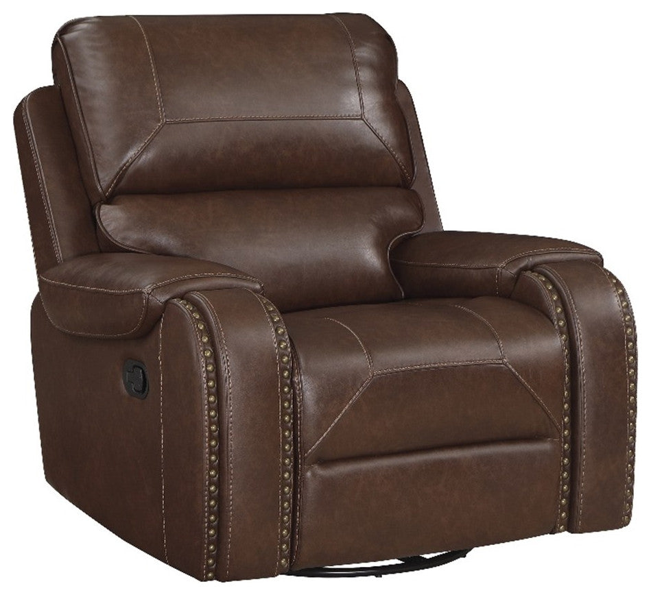 Pemberly Row Faux Leather Swivel Glider Manual Reclining Chair In Brow