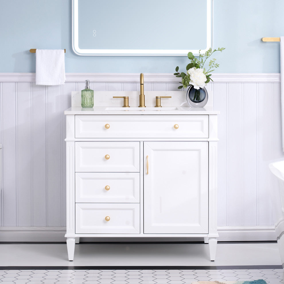 Elisa Freestanding Bath Vanity, Quartz Top, White, 36"