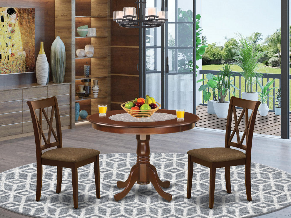 3Pc Dinette Set, Rounded Kitchen Table, Two Dining Chairs, Mahogany Fi