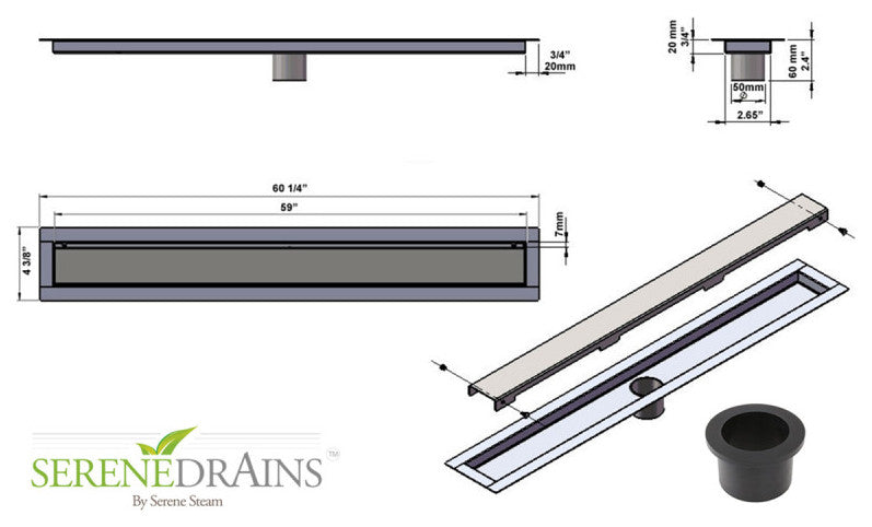 Serene Drains Invisible Slim Linear Drain Design, 59 Inch