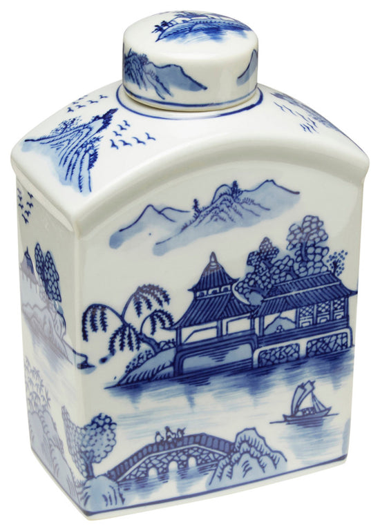Blue and White Square Jar With Lid