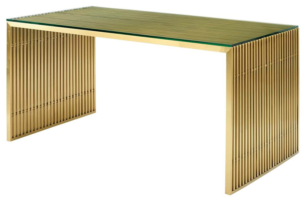 Modern Deco Dining Table, Metal Steel Stainless Steel Glass, Gold