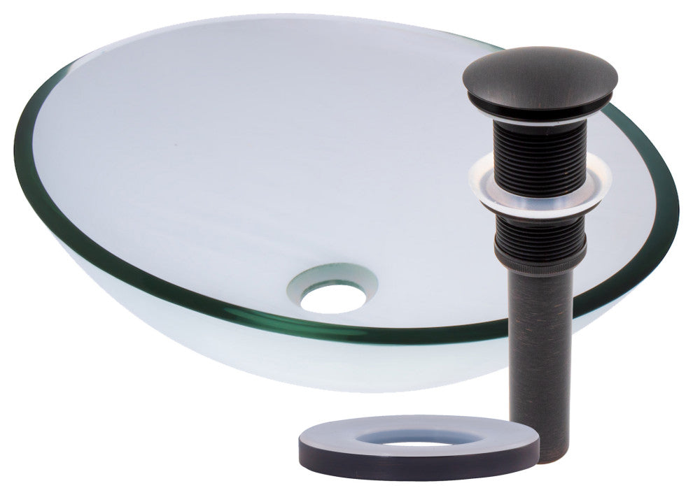 Ovale Clear Tempered Glass Vessel Bathroom Sink and Drain, Oil Rubbed