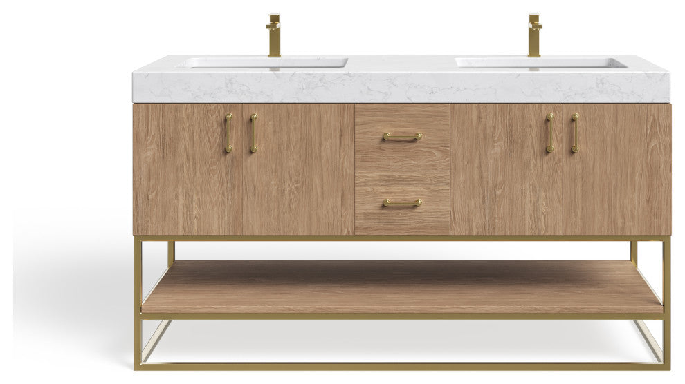 Bahia Bath Vanity, Oak, 60", Brushed Gold Hardware, Double, Freestandi