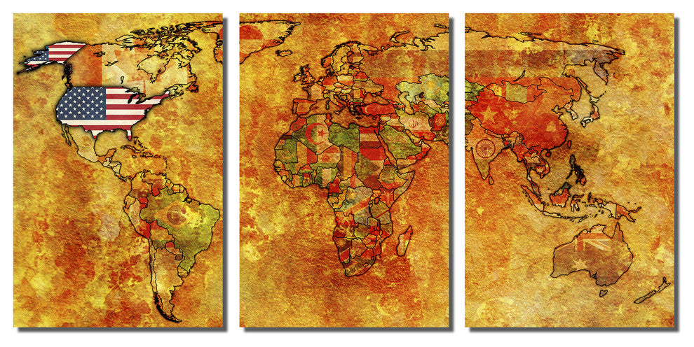 Flag World Map Metal Print Wall Art, 3 Panel Split, Triptych Wall Art,