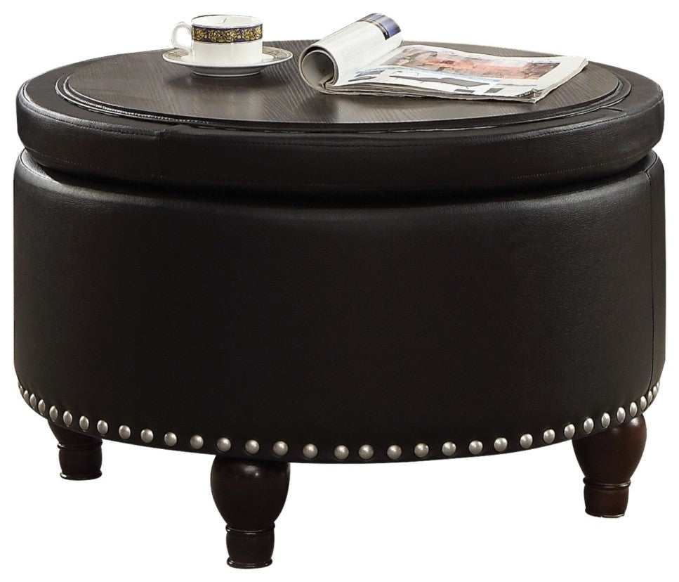 Transitional Round Wood and Leatherette Cocktail Table With Storage, B