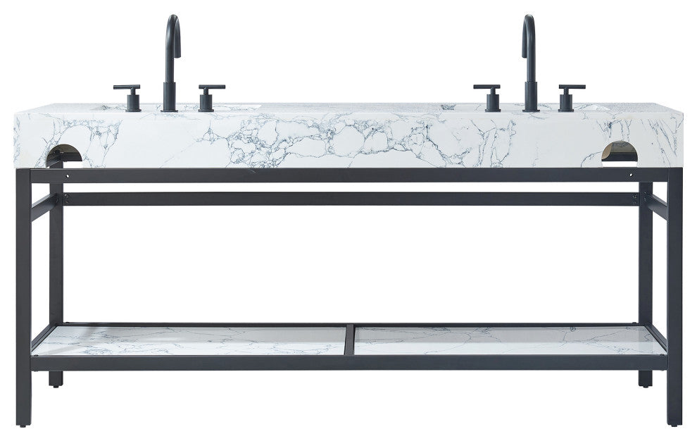 Ecija Bath Vanity, Metal Support with Stone Top, Matte Black, 72 in.,
