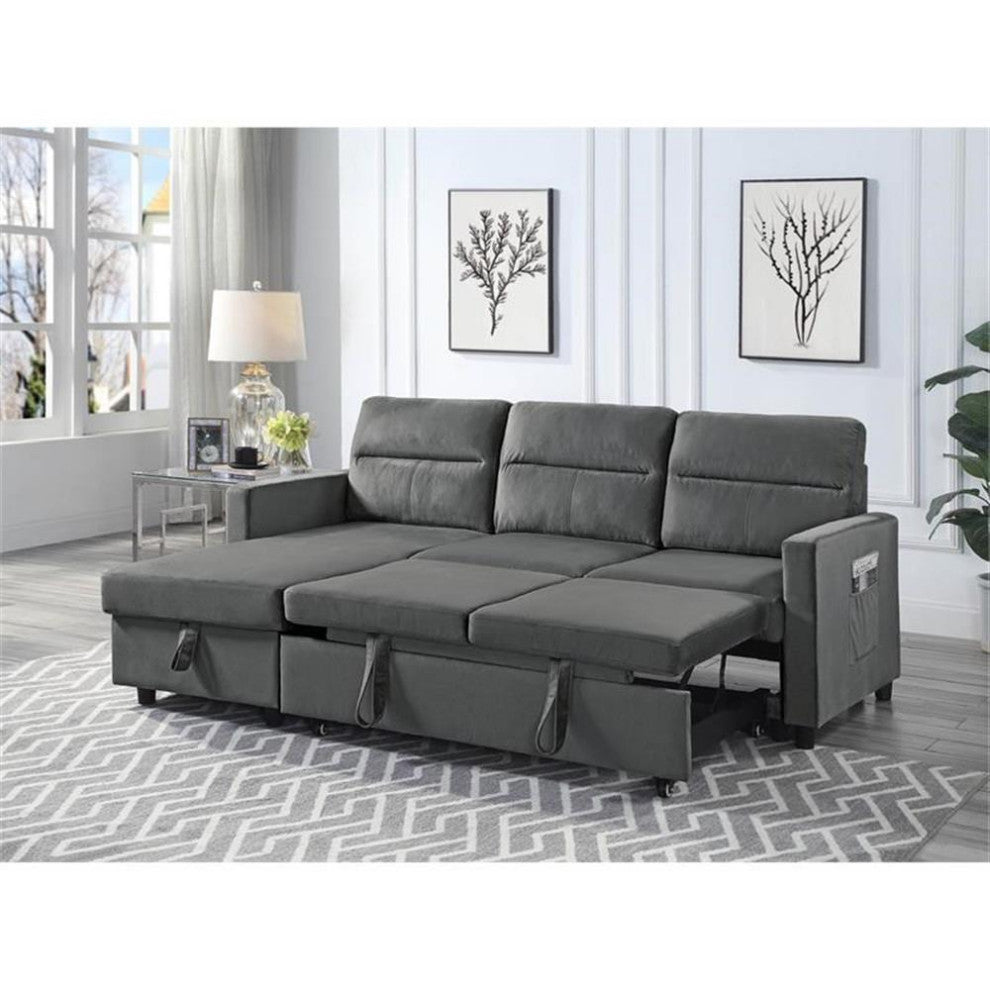 Pemberly Row Velvet Reversible Sleeper Sectional with Storage in Dark