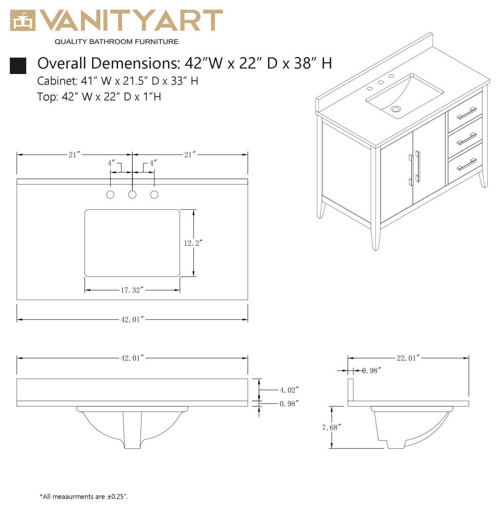 Vanity Art Bathroom Vanity With Sink, Cashmere Gray, 42", Single Sink,