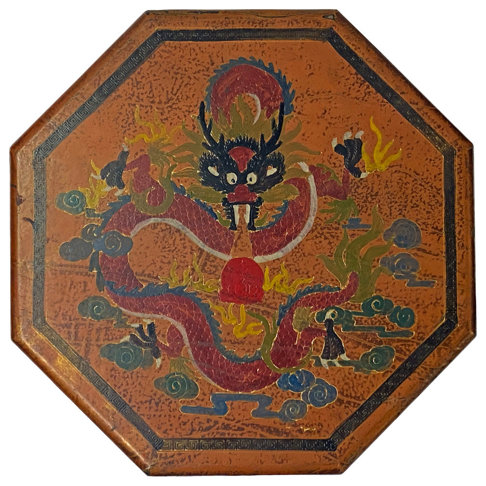 Chinese Distressed Light Brown Octagon Dragon Treasure Graphic Box Hws