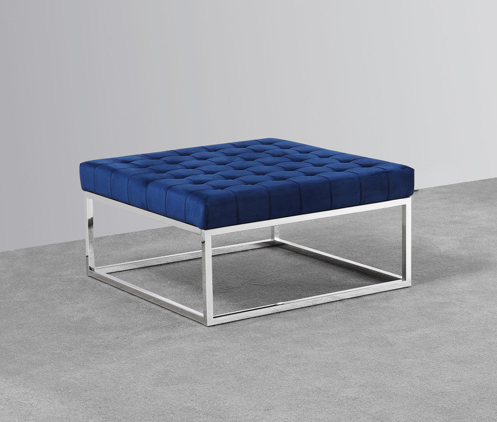 Upholstered Square Ottoman Coffee Table with Silver Base, E36, Navy Bl