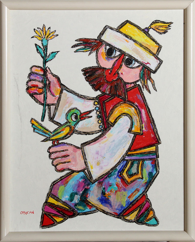 Jovan Obican "Man With Flower And Bird" Oil Painting