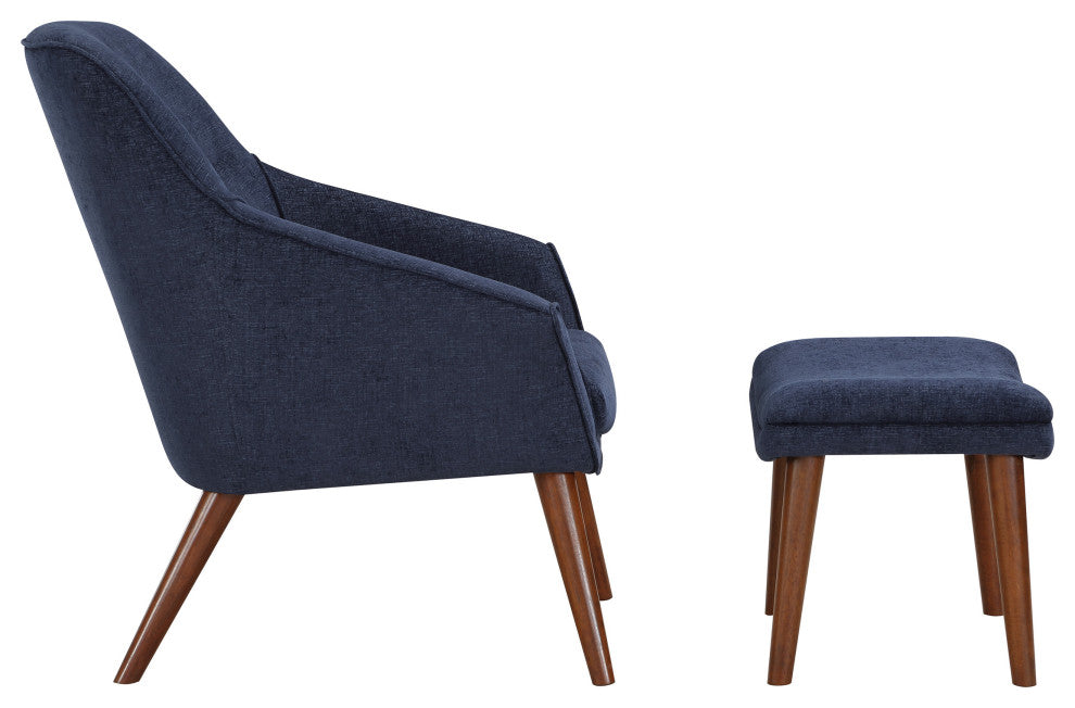 Waneta Chair and Ottoman, Midnight Blue Fabric With Medium Espresso Le