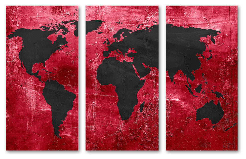 Red and Black World Map Canvas Print 3 Panel Split Triptych Wall Art
